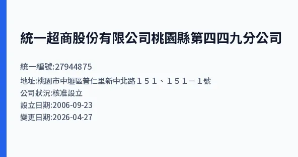 統一超商股份有限公司桃園縣第四四九分公司的照片-統編 27944875(桃園市) 公司登記資料與營業項目詳細圖表