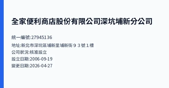 全家便利商店股份有限公司深坑埔新分公司的照片-統編 27945136(新北市) 公司登記資料與營業項目詳細圖表