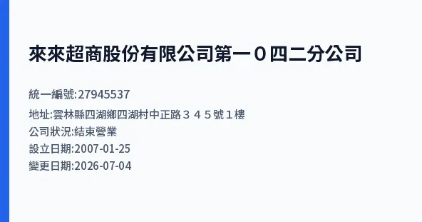 來來超商股份有限公司第一0四二分公司的照片-統編 27945537(雲林縣) 公司登記資料與營業項目詳細圖表