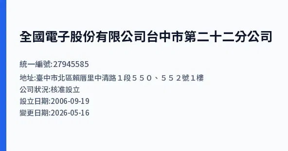 全國電子股份有限公司台中市第二十二分公司的照片-統編 27945585(臺中市) 公司登記資料與營業項目詳細圖表