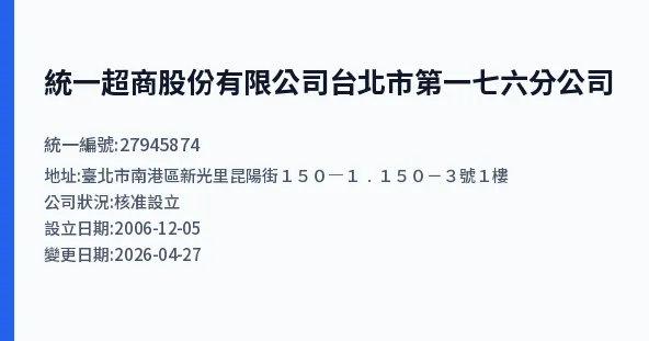 統一超商股份有限公司台北市第一七六分公司的照片-統編 27945874(臺北市) 公司登記資料與營業項目詳細圖表