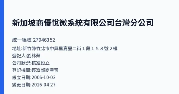 新加坡商優悅微系統有限公司台灣分公司的照片-統編 27946352(新竹縣) 公司登記資料與營業項目詳細圖表