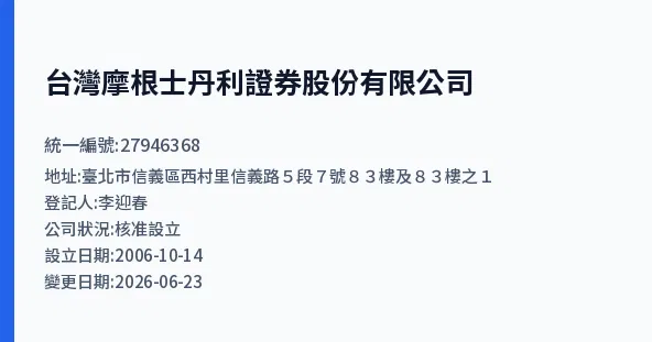 台灣摩根士丹利證券股份有限公司的照片-統編 27946368(臺北市) 公司登記資料與營業項目詳細圖表