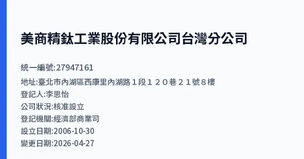 美商精鈦工業股份有限公司台灣分公司的照片-統編 27947161(臺北市) 公司登記資料與營業項目詳細圖表