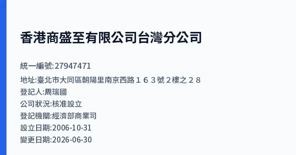 香港商盛至有限公司台灣分公司的照片-統編 27947471(臺北市) 公司登記資料與營業項目詳細圖表