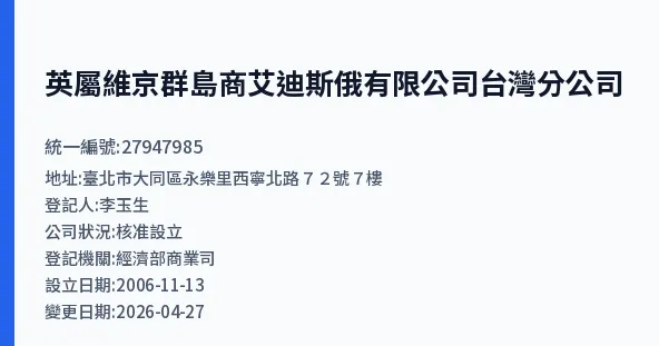 英屬維京群島商艾迪斯俄有限公司台灣分公司的照片-統編 27947985(臺北市) 公司登記資料與營業項目詳細圖表