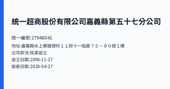 統一超商股份有限公司嘉義縣第五十七分公司的照片-統編 27948041(嘉義縣) 公司登記資料與營業項目詳細圖表