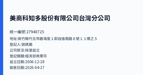 美商科知多股份有限公司台灣分公司的照片-統編 27948725(新竹縣) 公司登記資料與營業項目詳細圖表