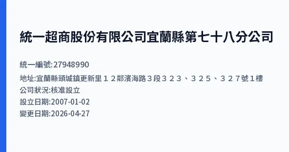 統一超商股份有限公司宜蘭縣第七十八分公司的照片-統編 27948990(宜蘭縣) 公司登記資料與營業項目詳細圖表