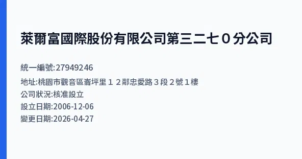 萊爾富國際股份有限公司第三二七0分公司的照片-統編 27949246(桃園市) 公司登記資料與營業項目詳細圖表