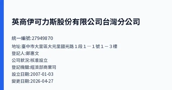 英商伊可力斯股份有限公司台灣分公司的照片-統編 27949870(臺中市) 公司登記資料與營業項目詳細圖表