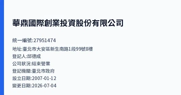 華鼎國際創業投資股份有限公司的照片-統編 27951474(臺北市) 公司登記資料與營業項目詳細圖表