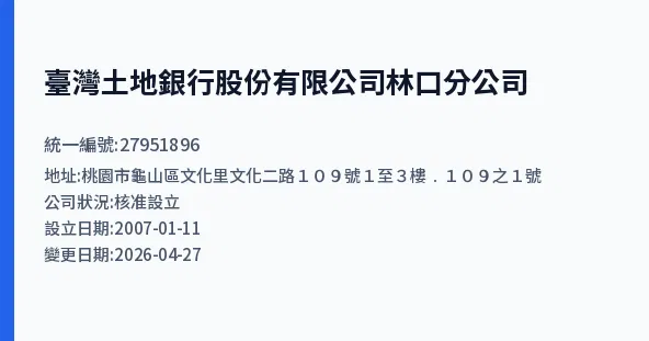臺灣土地銀行股份有限公司林口分公司的照片-統編 27951896(桃園市) 公司登記資料與營業項目詳細圖表