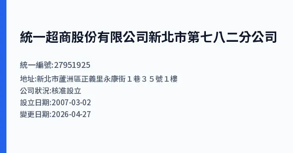 統一超商股份有限公司新北市第七八二分公司的照片-統編 27951925(新北市) 公司登記資料與營業項目詳細圖表