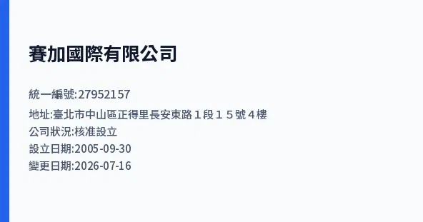 賽加國際有限公司的照片-統編 27952157 公司登記資料與營業項目詳細圖表