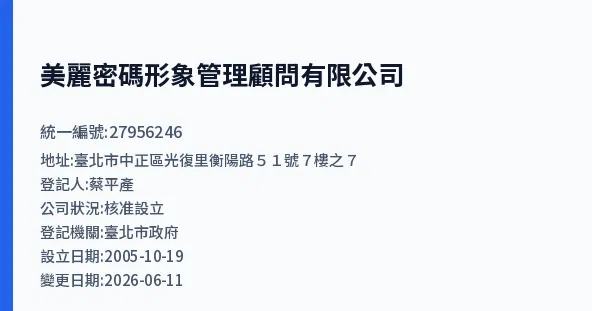 美麗密碼形象管理顧問有限公司的照片-統編 27956246(臺北市) 公司登記資料與營業項目詳細圖表