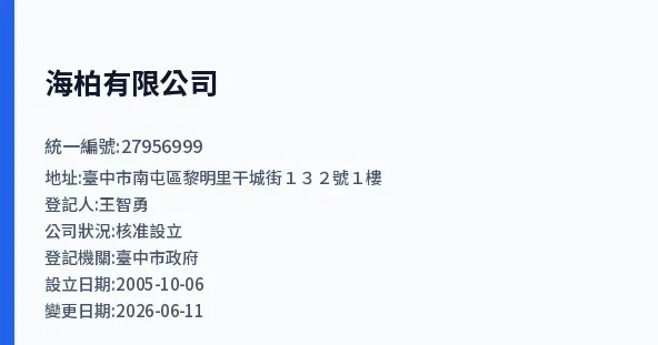 海柏有限公司的照片-統編 27956999(臺中市) 公司登記資料與營業項目詳細圖表