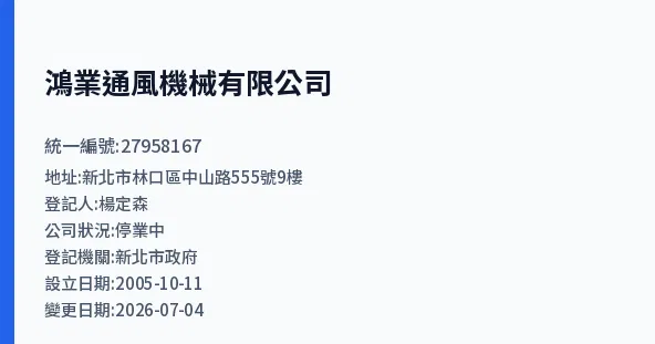 鴻業通風機械有限公司的照片-統編 27958167(新北市) 公司登記資料與營業項目詳細圖表