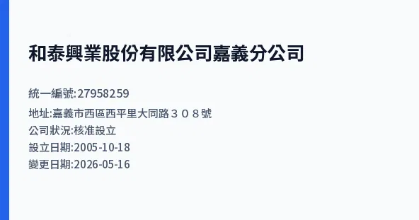 和泰興業股份有限公司嘉義分公司的照片-統編 27958259(嘉義市) 公司登記資料與營業項目詳細圖表