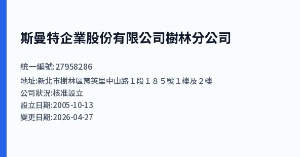 斯曼特企業股份有限公司樹林分公司的照片-統編 27958286(新北市) 公司登記資料與營業項目詳細圖表