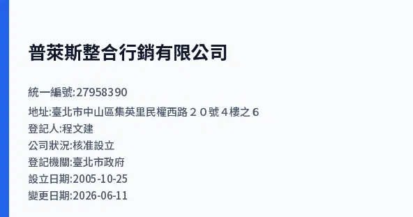 普萊斯整合行銷有限公司的照片-統編 27958390(臺北市) 公司登記資料與營業項目詳細圖表