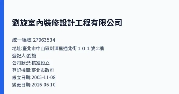 劉旋室內裝修設計工程有限公司的照片-統編 27963534(臺北市) 公司登記資料與營業項目詳細圖表