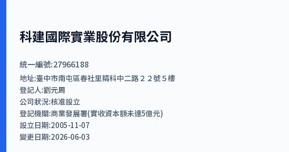 科建國際實業股份有限公司的照片-統編 27966188(臺中市) 公司登記資料與營業項目詳細圖表