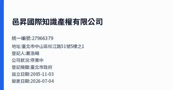 邑昇國際知識產權有限公司的照片-統編 27966379(臺北市) 公司登記資料與營業項目詳細圖表
