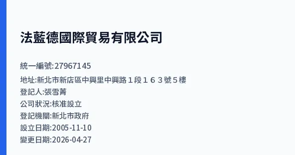 法藍德國際貿易有限公司的照片-統編 27967145(新北市) 公司登記資料與營業項目詳細圖表