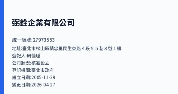 弼銓企業有限公司的照片-統編 27973553(臺北市) 公司登記資料與營業項目詳細圖表