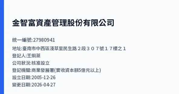 金智富資產管理股份有限公司的照片-統編 27980941(臺南市) 公司登記資料與營業項目詳細圖表
