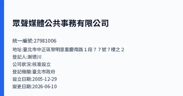 眾聲媒體公共事務有限公司的照片-統編 27981006(臺北市) 公司登記資料與營業項目詳細圖表