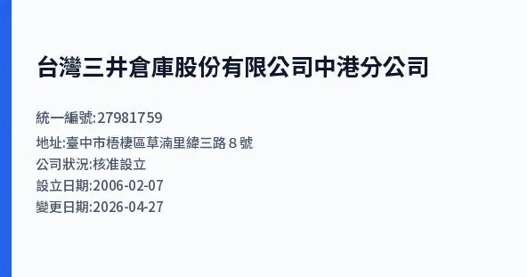 台灣三井倉庫股份有限公司中港分公司的照片-統編 27981759(臺中市) 公司登記資料與營業項目詳細圖表