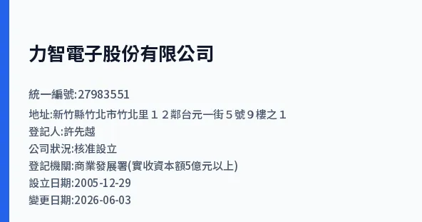 力智電子股份有限公司的照片-統編 27983551(新竹縣) 公司登記資料與營業項目詳細圖表