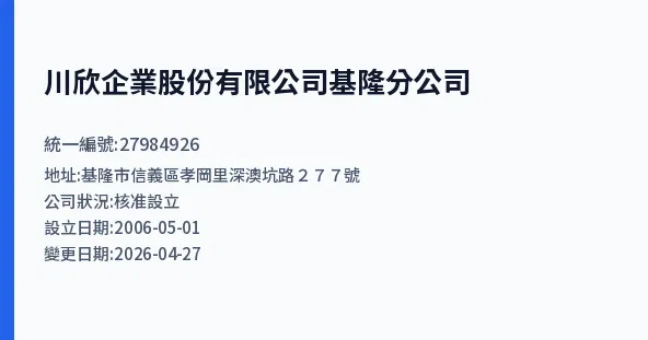 川欣企業股份有限公司基隆分公司的照片-統編 27984926(基隆市) 公司登記資料與營業項目詳細圖表