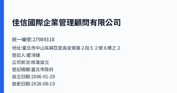 佳信國際企業管理顧問有限公司的照片-統編 27989318(臺北市) 公司登記資料與營業項目詳細圖表