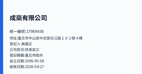 成橤有限公司的照片-統編 27989458(臺北市) 公司登記資料與營業項目詳細圖表