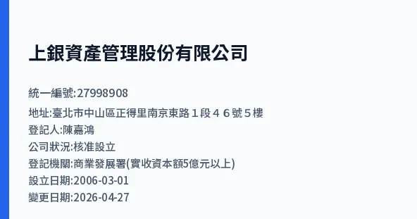 上銀資產管理股份有限公司的照片-統編 27998908(臺北市) 公司登記資料與營業項目詳細圖表