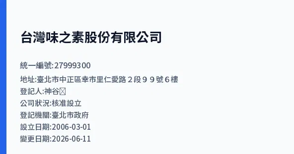 台灣味之素股份有限公司的照片-統編 27999300(臺北市) 公司登記資料與營業項目詳細圖表