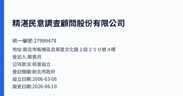 精湛民意調查顧問股份有限公司的照片-統編 27999478(新北市) 公司登記資料與營業項目詳細圖表