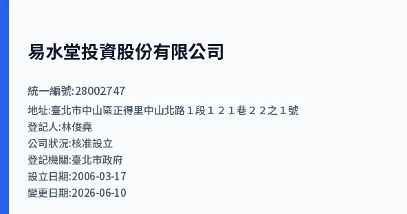 易水堂投資股份有限公司的照片-統編 28002747(臺北市) 公司登記資料與營業項目詳細圖表