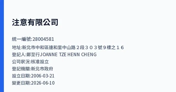 注意有限公司的照片-統編 28004581(新北市) 公司登記資料與營業項目詳細圖表