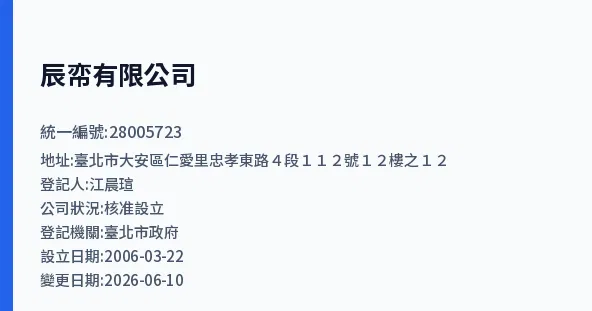 辰帟有限公司的照片-統編 28005723(臺北市) 公司登記資料與營業項目詳細圖表