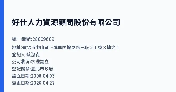好仕人力資源顧問股份有限公司的照片-統編 28009609(臺北市) 公司登記資料與營業項目詳細圖表