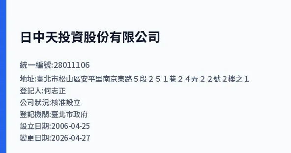 日中天投資股份有限公司的照片-統編 28011106(臺北市) 公司登記資料與營業項目詳細圖表