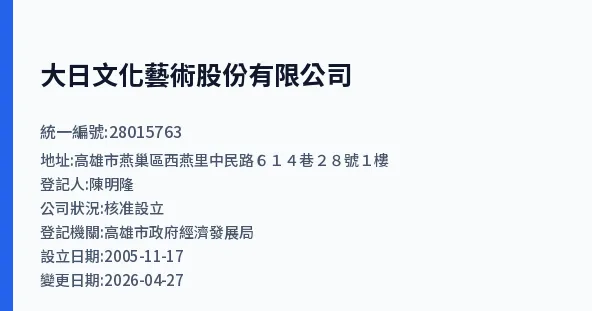 大日文化藝術股份有限公司的照片-統編 28015763(高雄市) 公司登記資料與營業項目詳細圖表