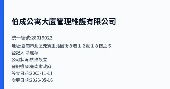 伯成公寓大廈管理維護有限公司的照片-統編 28019022(臺南市) 公司登記資料與營業項目詳細圖表