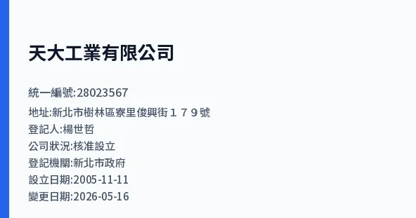 天大工業有限公司的照片-統編 28023567(新北市) 公司登記資料與營業項目詳細圖表