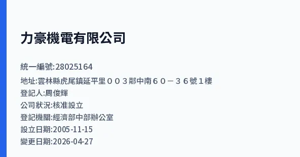 力豪機電有限公司的照片-統編 28025164(雲林縣) 公司登記資料與營業項目詳細圖表