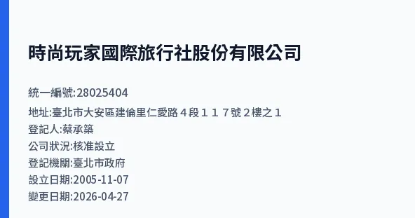 時尚玩家國際旅行社股份有限公司的照片-統編 28025404(臺北市) 公司登記資料與營業項目詳細圖表